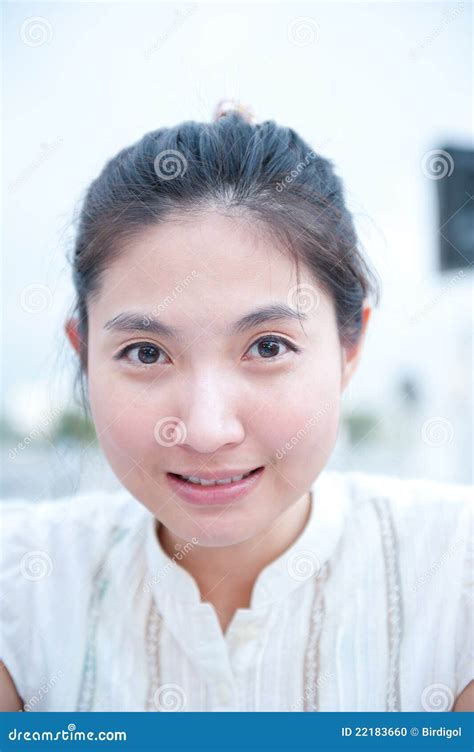 Happy Smiling Asian Girl Closeup Portrait Selective Focus Stock
