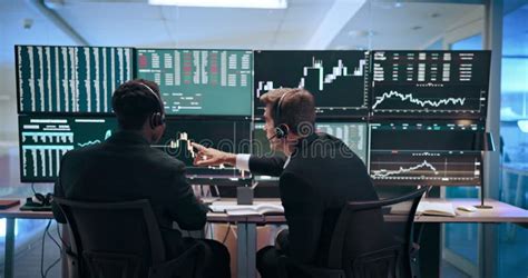 Men Graphs And Computer Screen For Stock Market Discussion And Headset With Stats Analysis Or