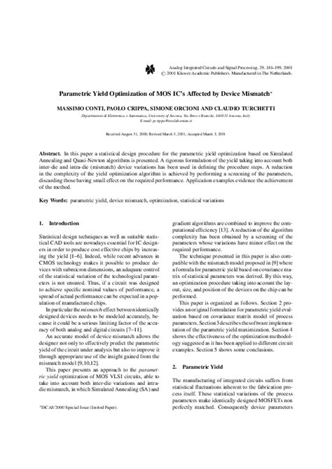 Pdf Parametric Yield Optimization Of Mos Ics Affected By Device Mismatch Simone Orcioni