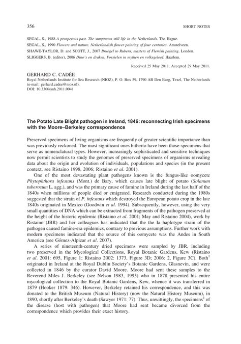 Pdf The Potato Late Blight Pathogen In Ireland 1846 Reconnecting
