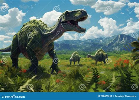 Dinosaurs In The Triassic Period Age In The Green Grass Land And Blue