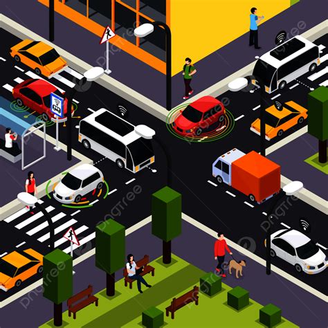 City Crossroad Isometric Background With Autonomous Driverless Cars On