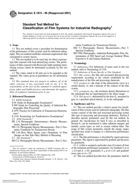 Astm E1815 01 Classification Of Film Systems For Industrial Radiography Pdf Radiography
