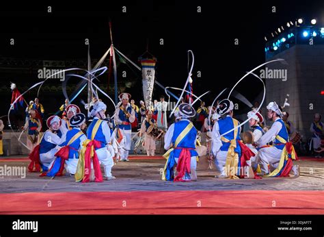 Seoul South Korea Sangmo Nongak Performance With Ribbon Hats And