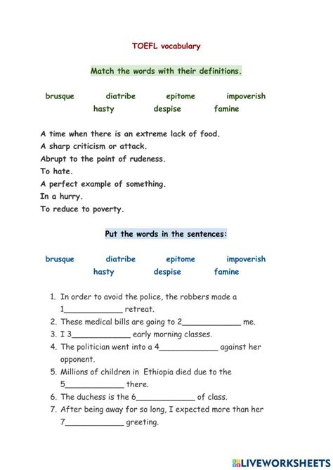 Toefl Vocabulary Exercise Live Worksheets Worksheets Library