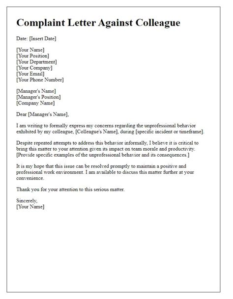 Letter Template For Formal Complaint Against Coworker Free Samples In