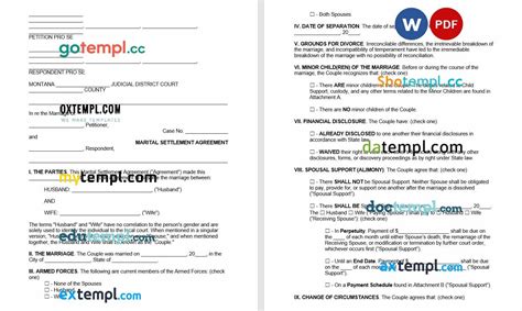 Free Montana Marital Settlement Agreement Template Word And Pdf Format