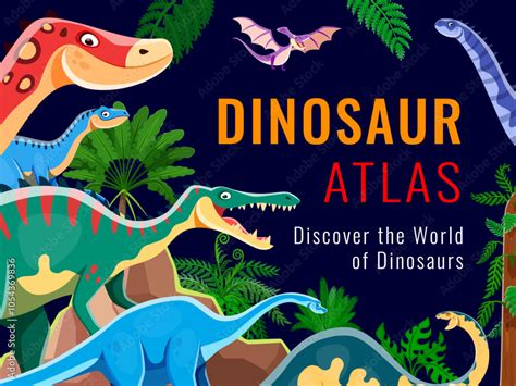 Dino Atlas Book Cover With Prehistoric Dinosaur Characters And Jurassic