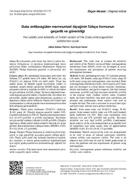 Pdf The Validity And Reliability Of Turkish Version Of The Duke Anticoagulation Satisfaction