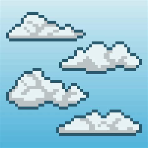 Set Of Four Classic Pixel Art Clouds Rendered In An 8 Bit Style With