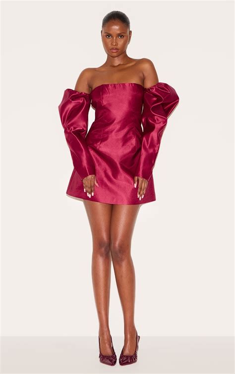 Wine Oversized Puff Sleeve A Line Shift Dress Dresses Plt