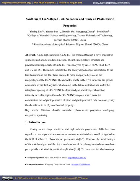 PDF Synthesis Of Cu N Doped TiO Nanotube And Study On Photoelectric Properties