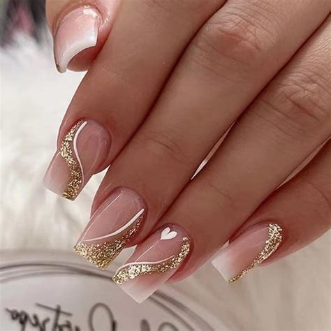 24pcs Nude Press On Nails Square Short Fake Nails Gold