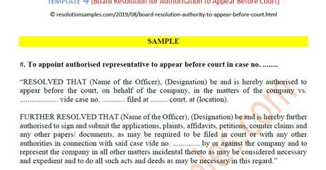 Draft Board Resolution For Authorisation To Appear Before Court