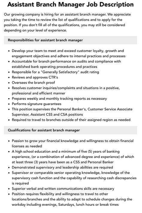 Assistant Branch Manager Job Description Velvet Jobs