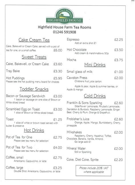 Menu At Highfield House Farm Shop And Tea Rooms Cafe Chesterfield