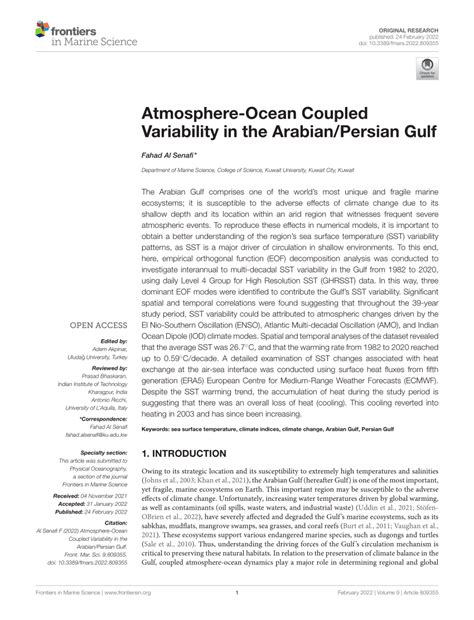 Pdf Atmosphere Ocean Coupled Variability In The Arabian Persian Gulf