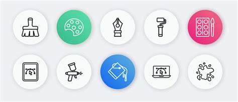 세트 라인 페인트 통 수채화 물감 상자 디자인 프로그램 롤러 브러시 만년필 펜촉 스프레이 및 총 아이콘이 있는 컴퓨터 벡터