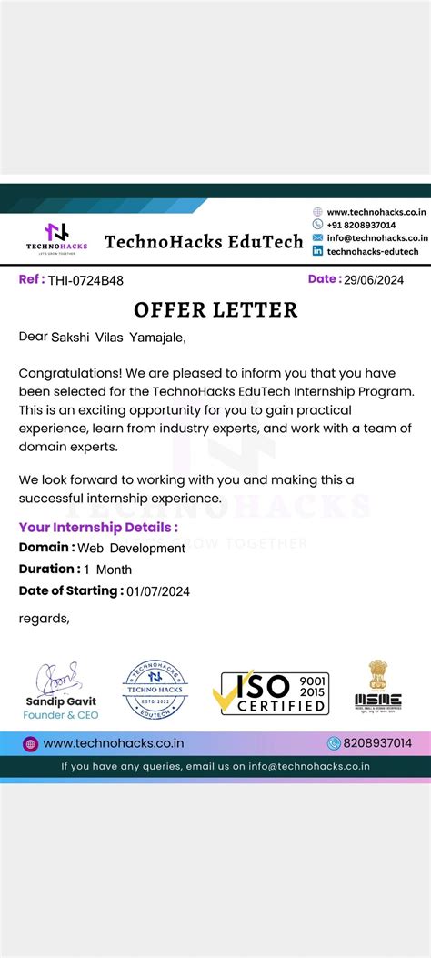 Sakshi Y On Linkedin Technohacks Edutech Official Internship Offer Letter Technohacks