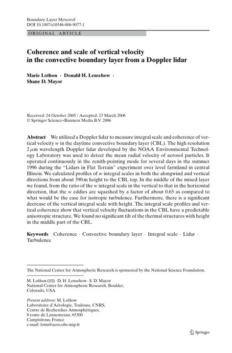 Pdf Coherence And Scale Of Vertical Velocity In The Convective Boundary Layer From A Doppler Lidar