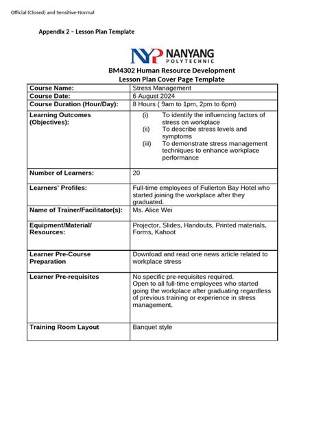 Bm4302 Ica2 Appendix 2 Training Lesson Plan Template 1 Pdf Stress