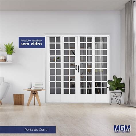 Porta De Correr 4 Folhas Divisor Quadriculada 215x200 Sem Vidro Mgm