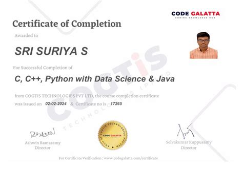 Certificationcomplete Codegallata C C Python Java Codingjourney