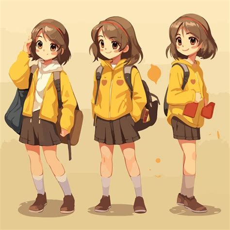 Three Cute Anime Style School Girls In Yellow Hoodies Jiffy Designs