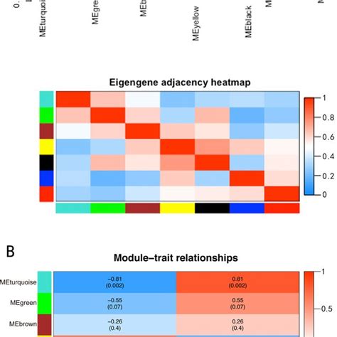 module trait correlations a eigengene adjacency heatmap eigengene