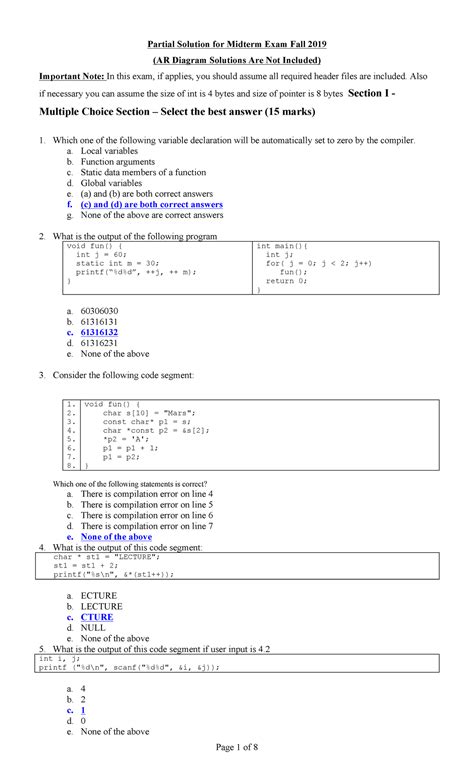Midterm 2019 Partial Answers Partial Solution For Midterm Exam Fall