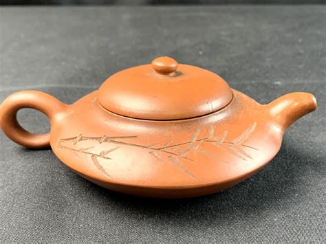 結唐物 朱泥 急須 信泰蔵珍 在銘 時代物 水平 竹図 中国古玩 後取手 煎茶道具 煎茶器 茶器 茶具 茶注 茶心壺 骨董品 古美術