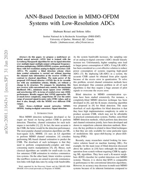 Pdf Ann Based Detection In Mimo Ofdm Systems With Low Resolution Adcs