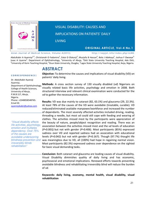 Pdf Visual Disability Causes And Implications On Patients Daily Living