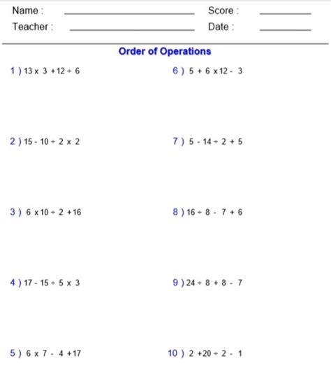 Order Of Operations Mdas Worksheet