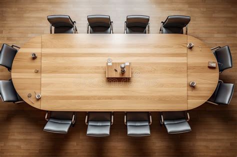 Top Down View Of A Meeting Table Surrounded By Chairs In An Office Or Corporate Environment