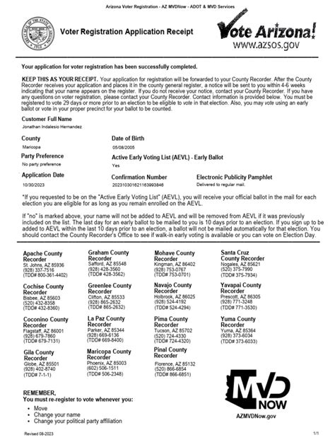 Arizona Voter Registration Receipt Pdf Arizona Voter Registration