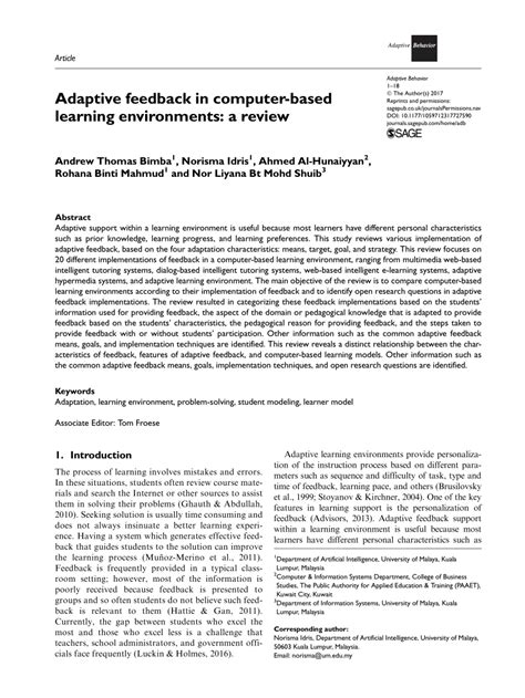 pdf adaptive feedback in computer based learning environments a review