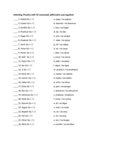 Tu Commands Affirmative And Negative Matching Practice Teaching Resources