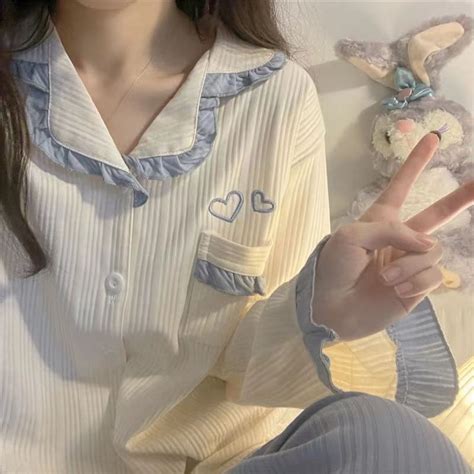 Spring Autumn Japanese Style Pajamas Womens Cardigan Ins Sweet Simple