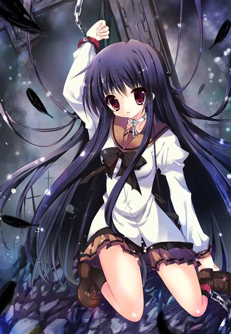 Safebooru 1girl Black Hair Bound Bound Wrists Cuffs Cutlass Classic