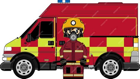 Premium Vector Cute Cartoon British Firefighter In Mask With Fire
