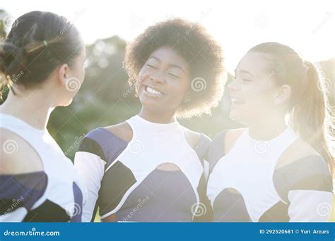 Cheerleader Sports And Women On Field Smile For Performance Dance And