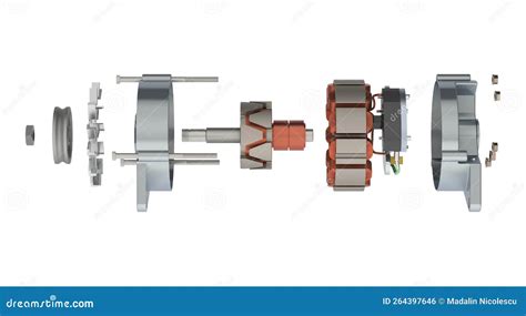 Car Alternator Exploded Front View Isolated On White Background 3d Illustration Stock