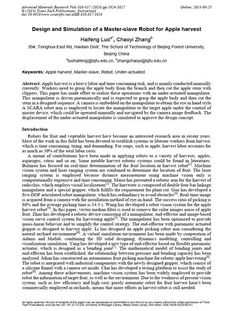 Design And Simulation Of A Master Slave Robot For Apple Harvest Pdf