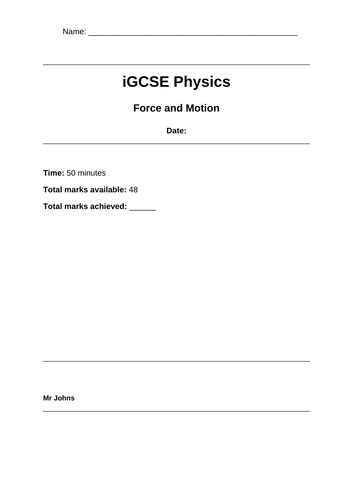 Igsce Physics Force And Motion Test Teaching Resources