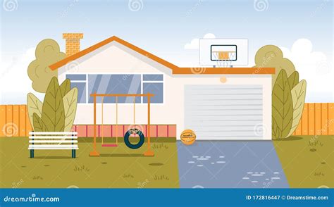 Suburb House Exterior Backyard With Playground Stock Vector