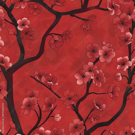 Wallpaper With Watercolor Pattern Of Sakura Flower Outline On Red Background Square Frame