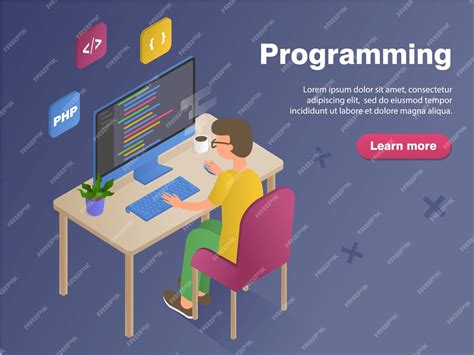 Premium Vector Programmer Man At Work Concept Banner Flat Isometric
