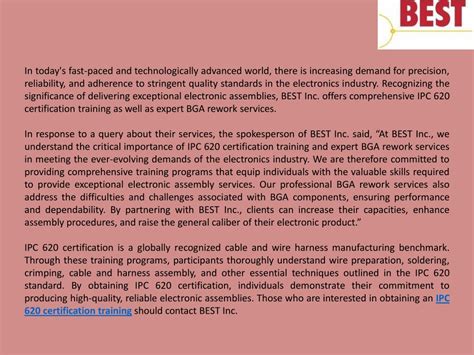 Ppt Best Inc Offers Exceptional Ipc 620 Certification Training And