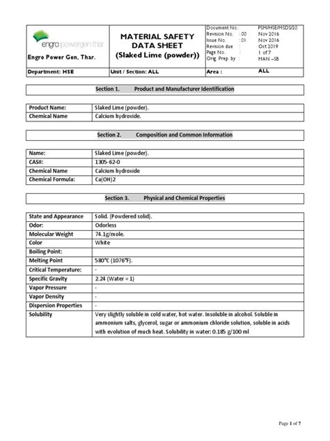 Slaked Lime Msds Safety Summary Pdf Solubility Physical Sciences